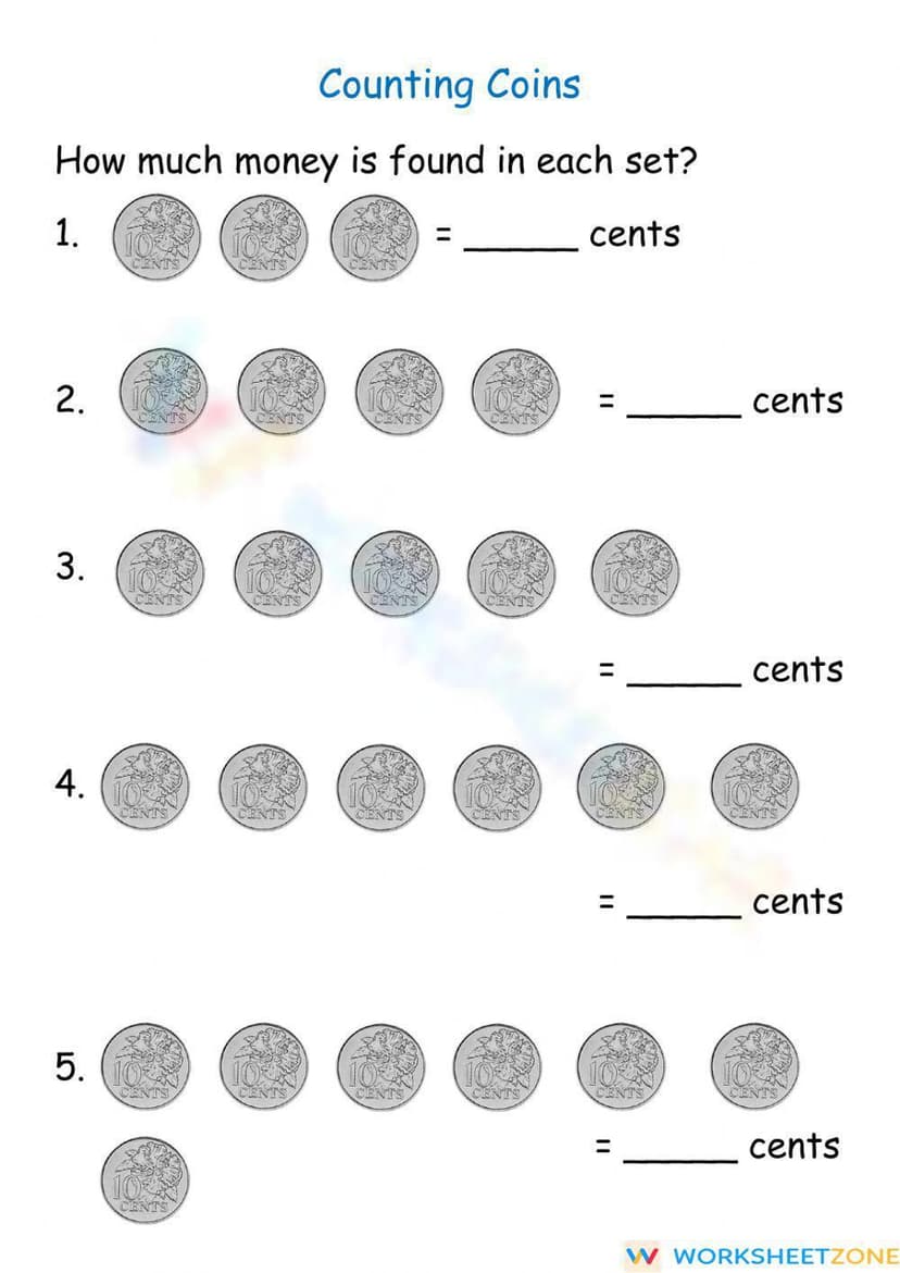 Counting Ten Cent Coins Practice Worksheet
