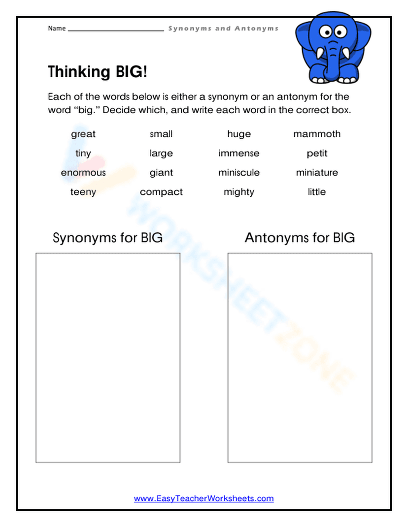 Thinking BIG! Synonyms and Antonyms | Essential Grade 2 Worksheets