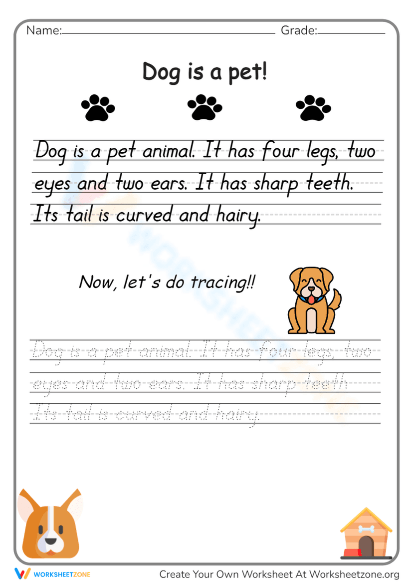 Printable Handwriting Worksheet: Dog Theme | Grade 1