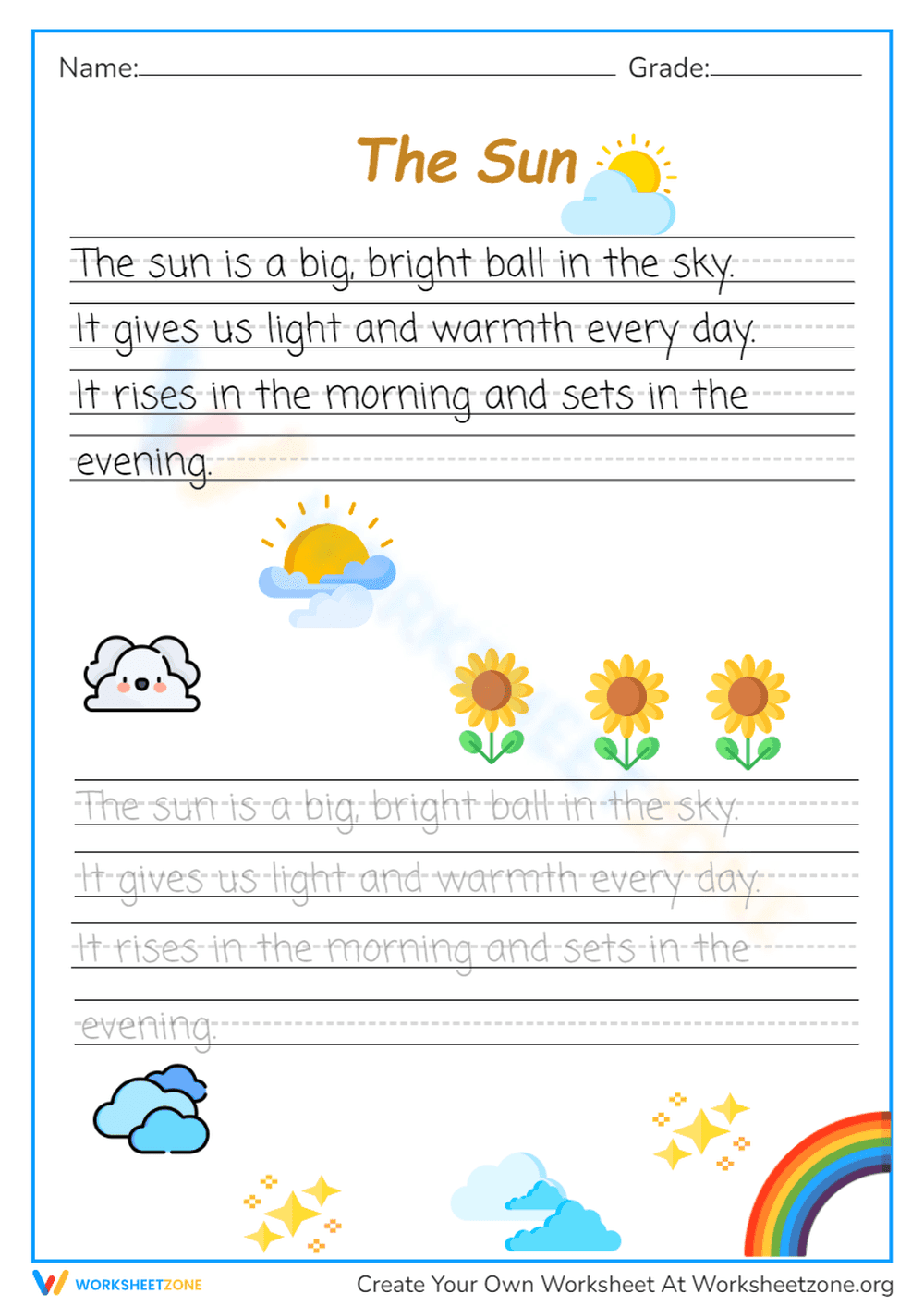 The Sun Handwriting Worksheet | Grade 2-3 Printable