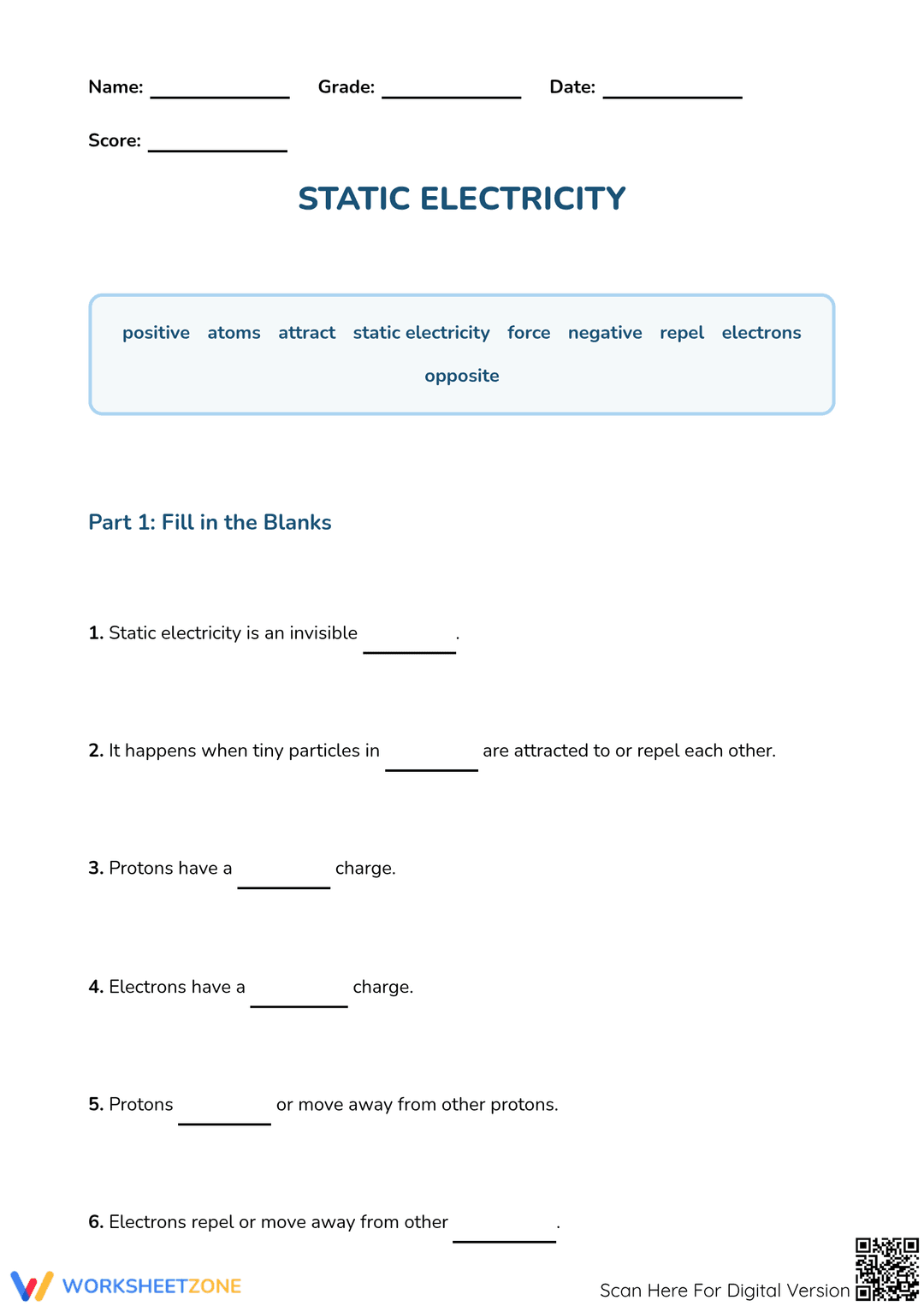 Learn About Static Electricity – Fill in the Blanks Activity Worksheets