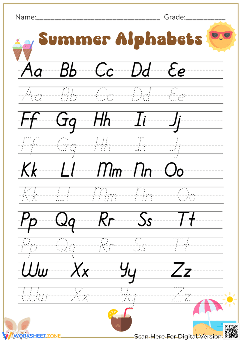 Summer Alphabet Tracing Worksheet | Grade K-1 Printable