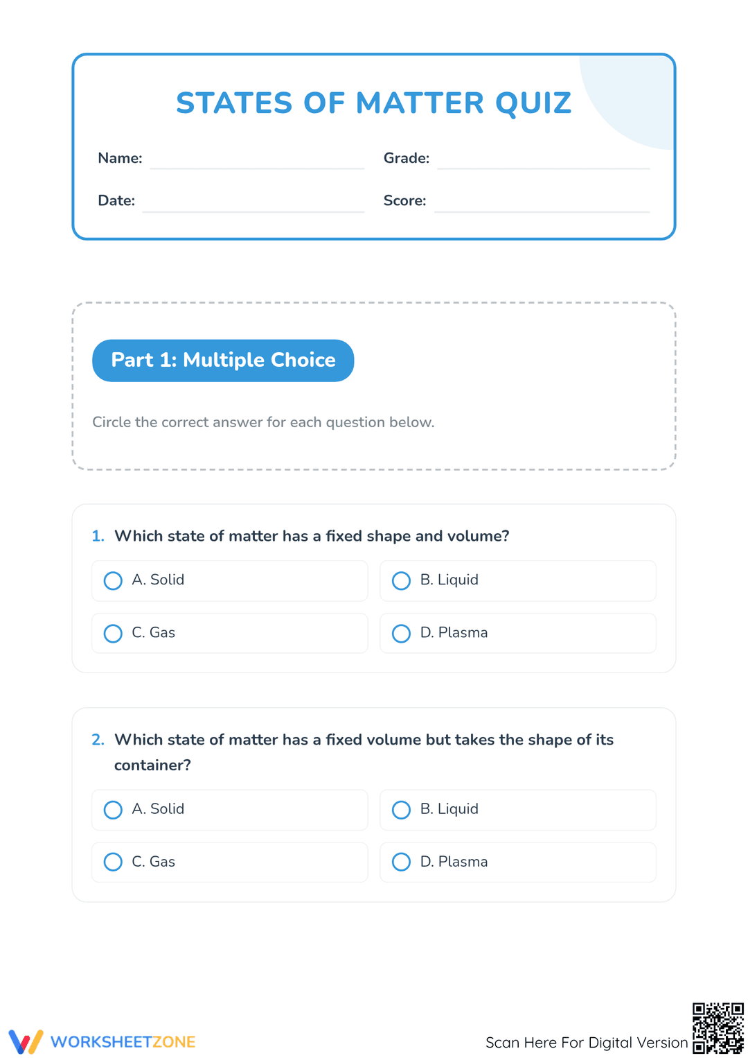 States of Matter Quiz - Science Worksheet for Grades 4-6