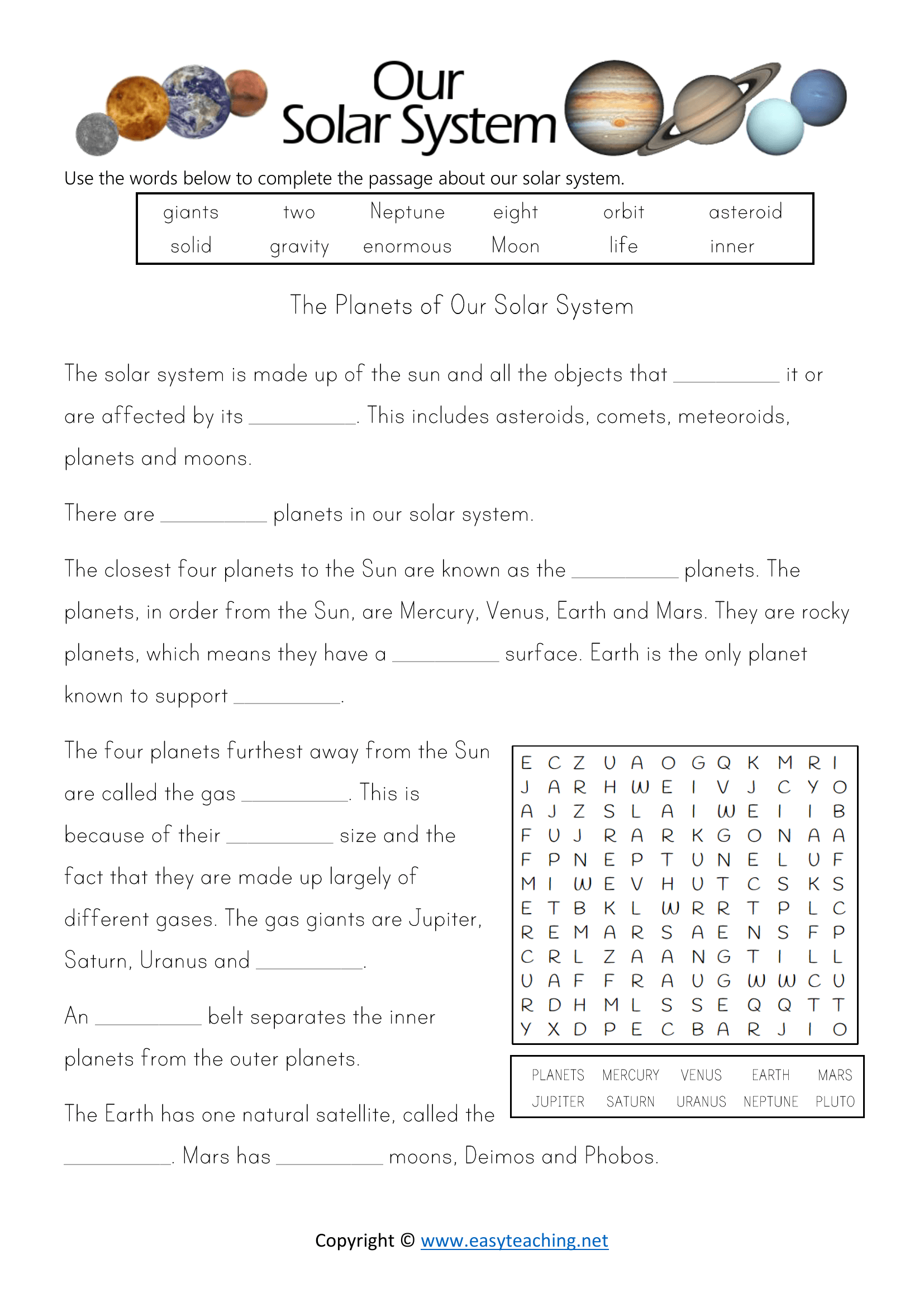 Label the planets in the Solar system | Worksheet Zone